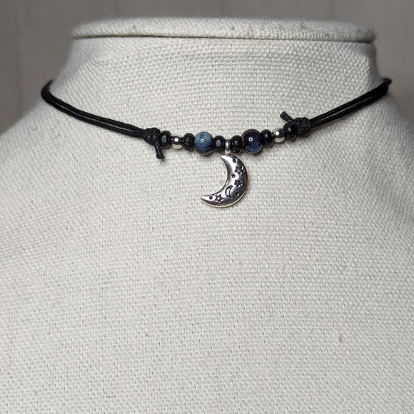 Handmade | Jewelry | Silver Moon Charm Blue Black Ceramic Wood Bead ...